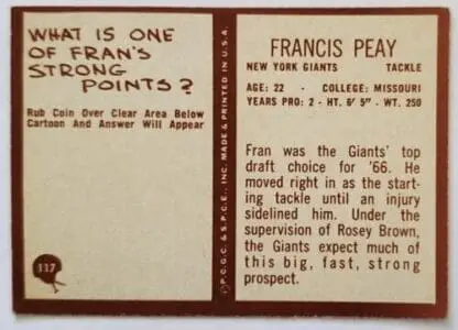 Francis Peay Philadelphia 1967 NFL Sports Trading Card #117 New York ...